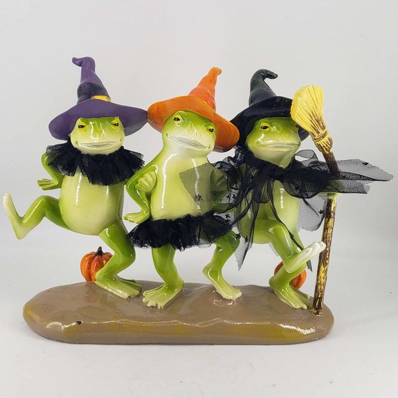 unmarked | Holiday | Halloween Decor 3 Frogs In Witch Hats With Pumpkins And Broom Statue | Poshmark